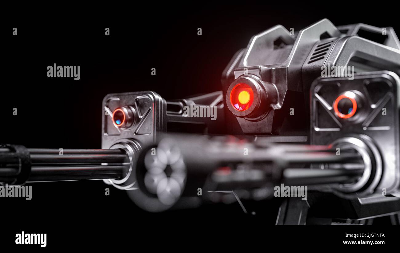 3D illustration of industrial sci fi futuristic military turret machine ...