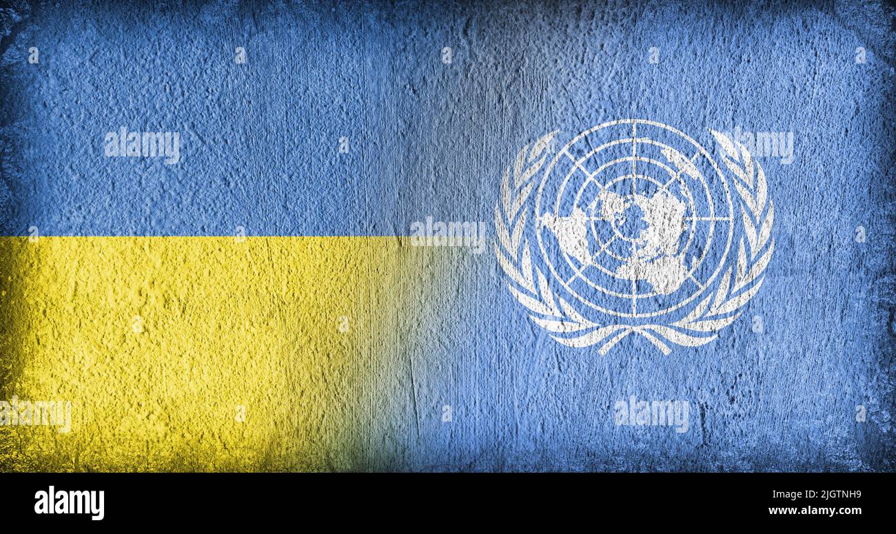 Ukrainian and flag of the United Nations on concrete, divided in the ...