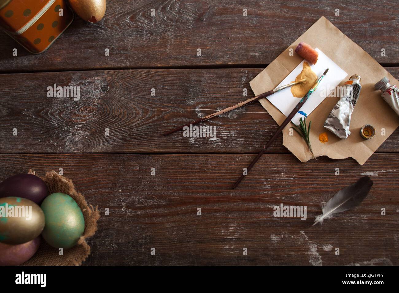 Art tools and colorful Easter eggs flat lay Stock Photo - Alamy