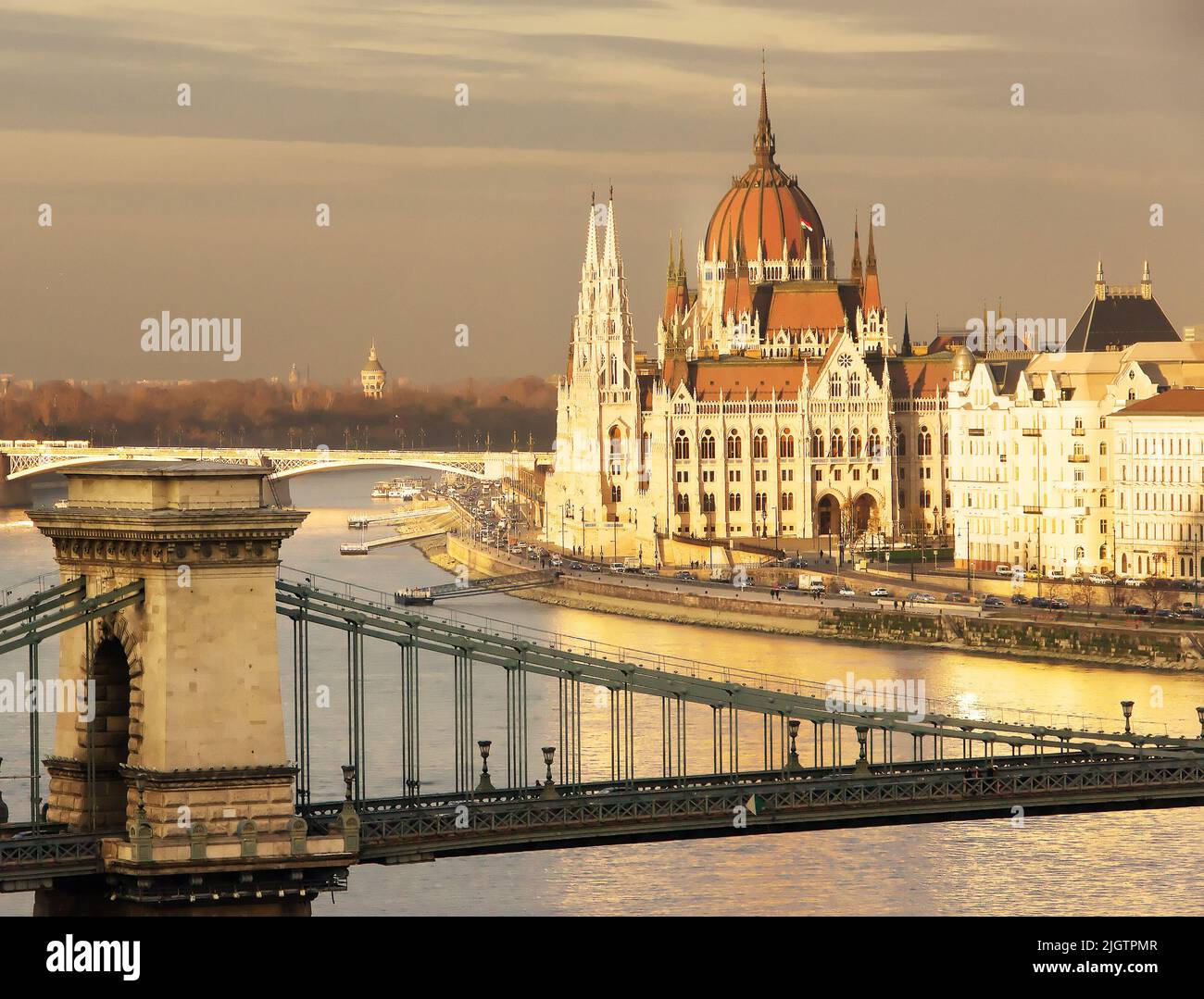 Aerial view of Budapest, Hungary with Chain bridge and Parliament ...