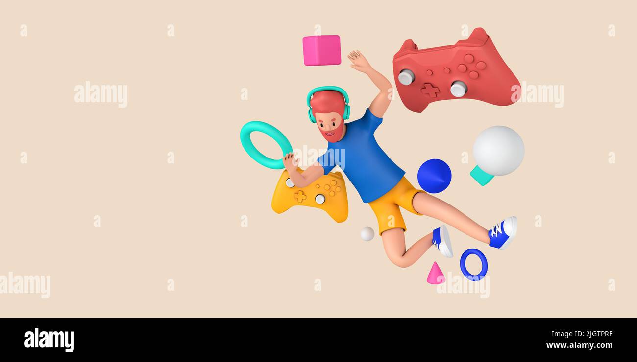 Video game concept. Young gamer surrounded by games controller and ...