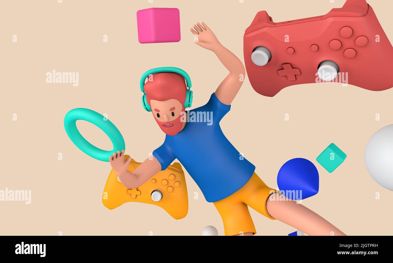 Video game concept. Young gamer surrounded by games controller and ...