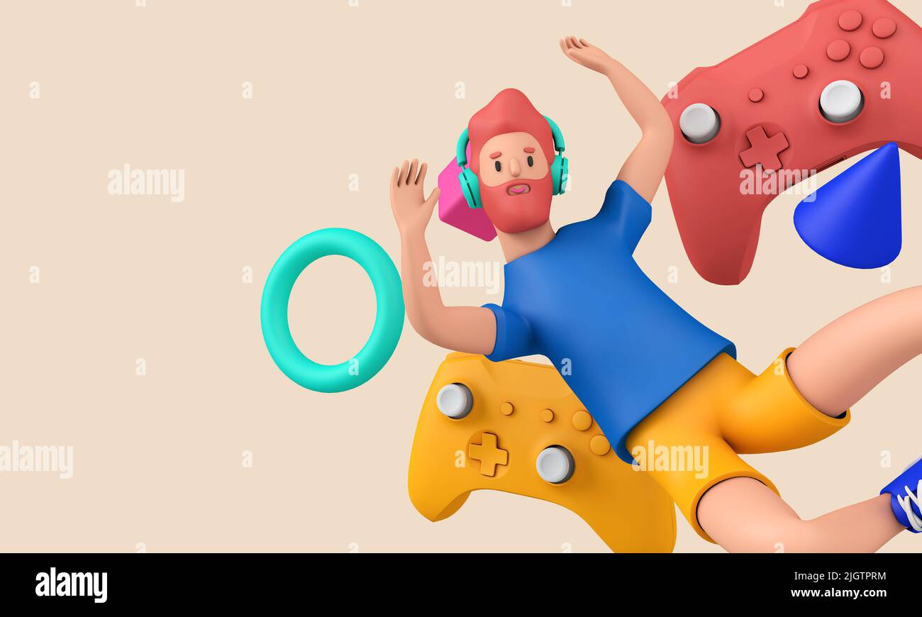 Video game concept. Young gamer surrounded by games controller and ...