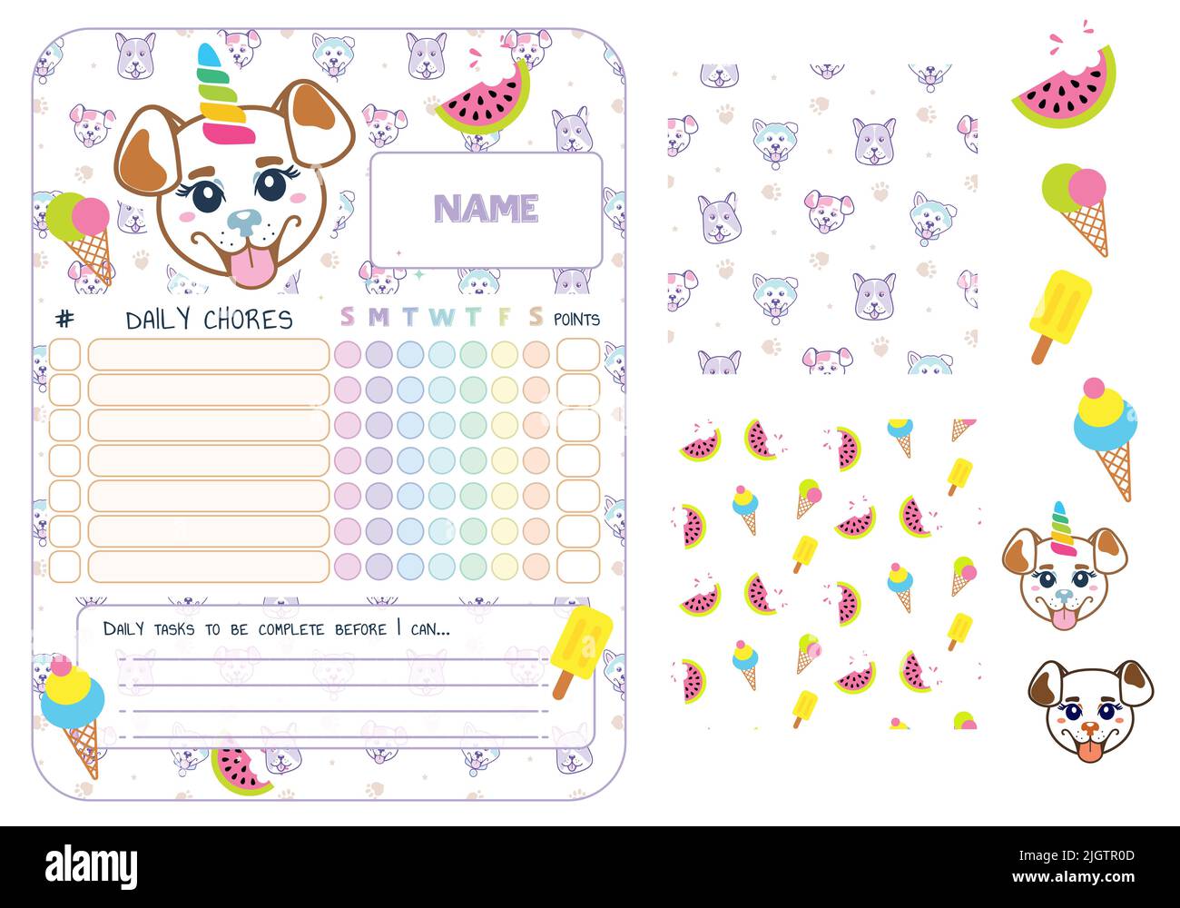 Daily Chores checklist planner template. Unicorn puppy rainbow colors ...