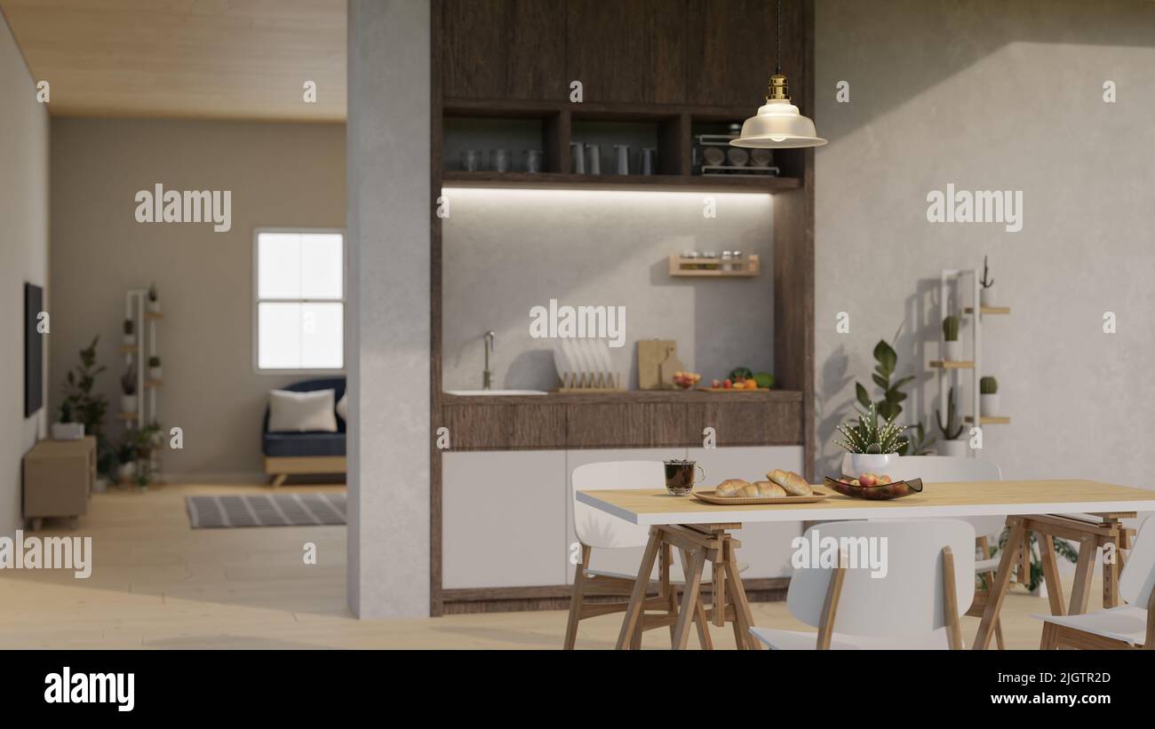 Modern minimal white and wood home dining room interior design with minimal wood dining table ...