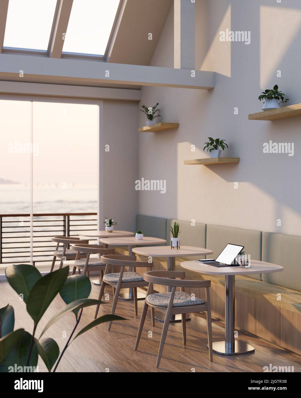 Modern minimal comfortable coffee shop or restaurant seating area ...