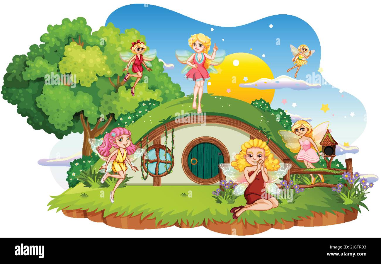 Fairies at hobbit house on white background illustration Stock Vector ...
