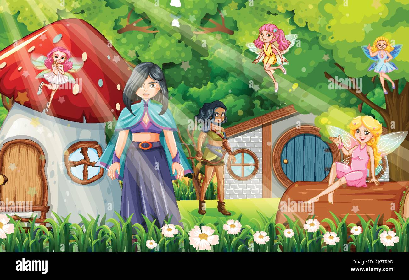 Enchanted scene with medieval cartoon characters illustration Stock ...