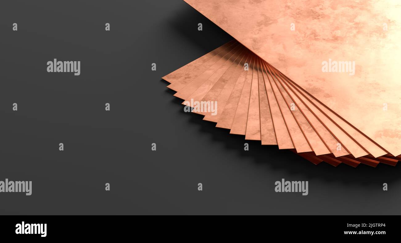 Stack of copper plates isolated on dark background. 3D illustration ...