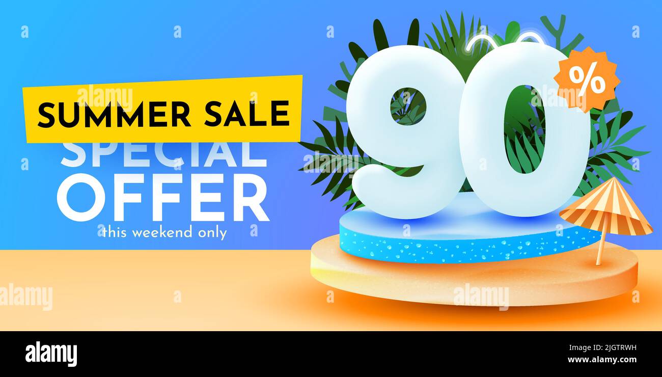 90 percent Off. Discount creative composition. Summer sale banner. Sale ...