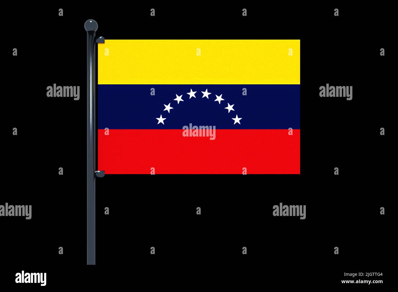 A 3D rendering of Venezuela flag with chrome flag pole with snap hooks ...