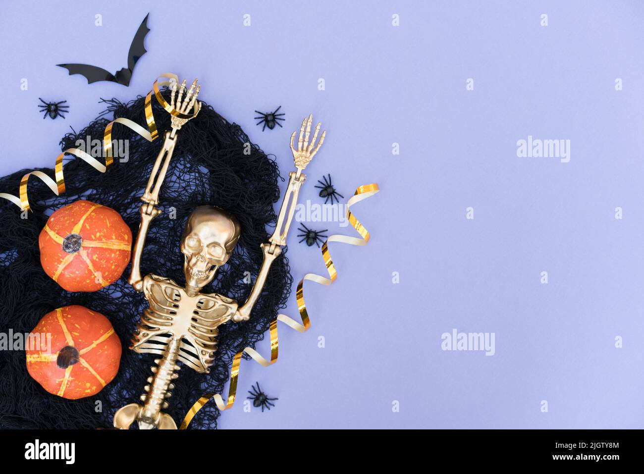 Funny and creepy halloween composition with black cobweb, spiders ...