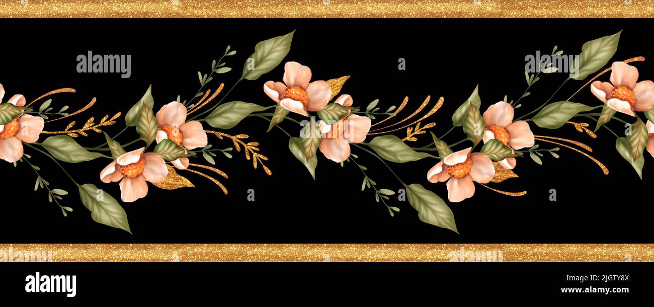 Decorative black border with floral pattern. Seamless background with ...