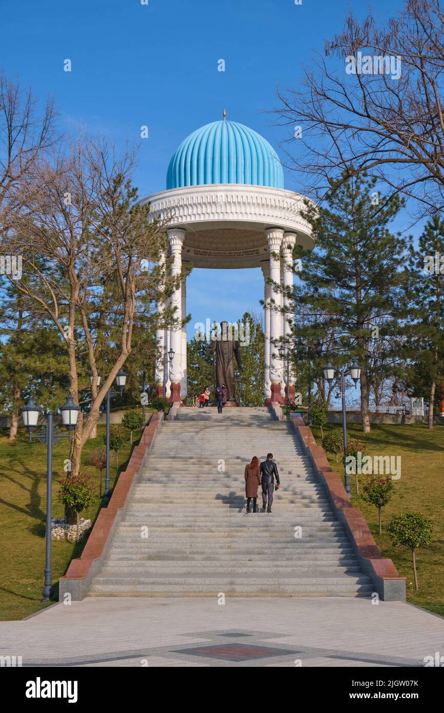 The main blue dome covered pavillion with a bronze statue of a standing ...