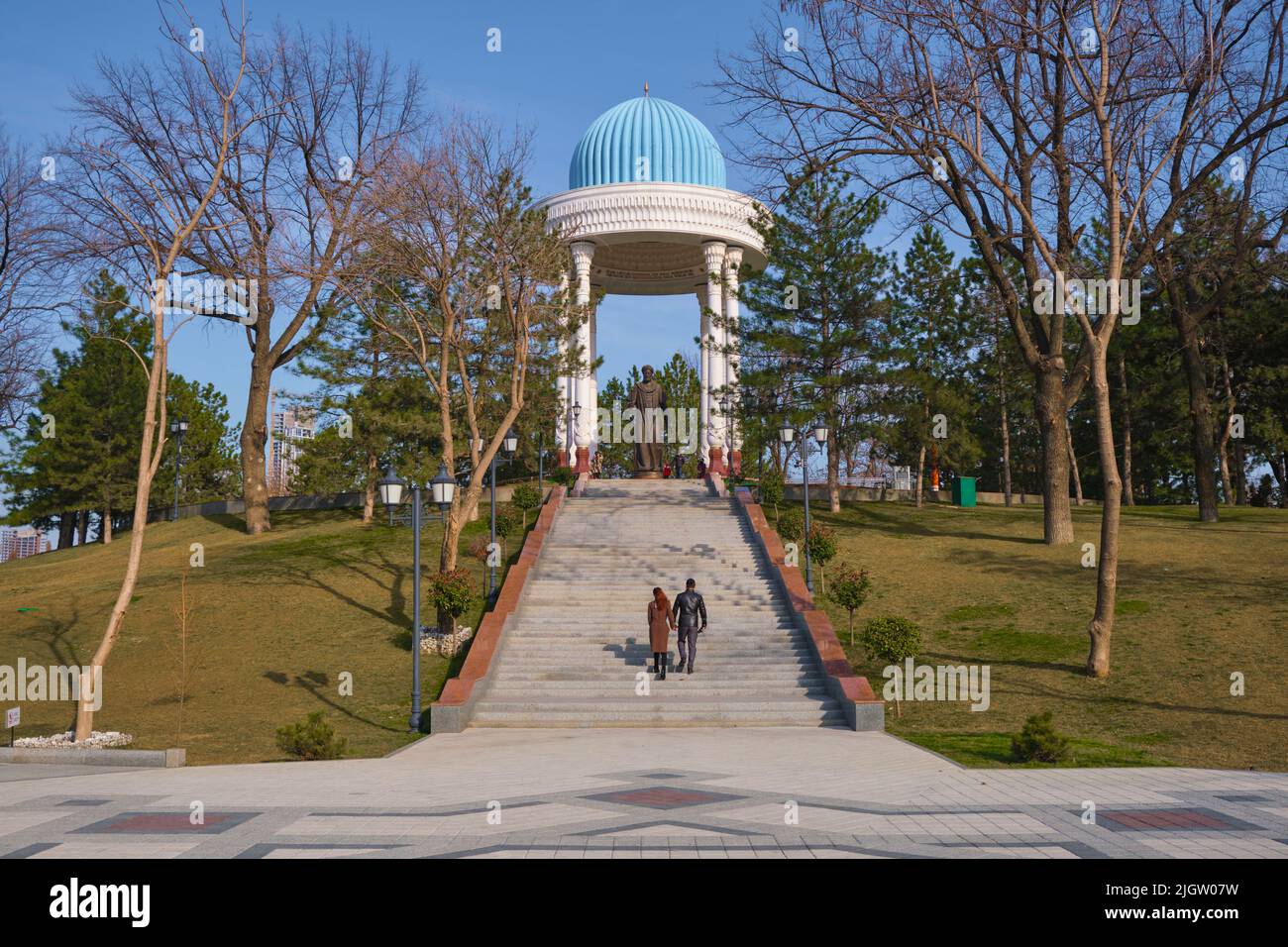 The main blue dome covered pavillion with a bronze statue of a standing ...