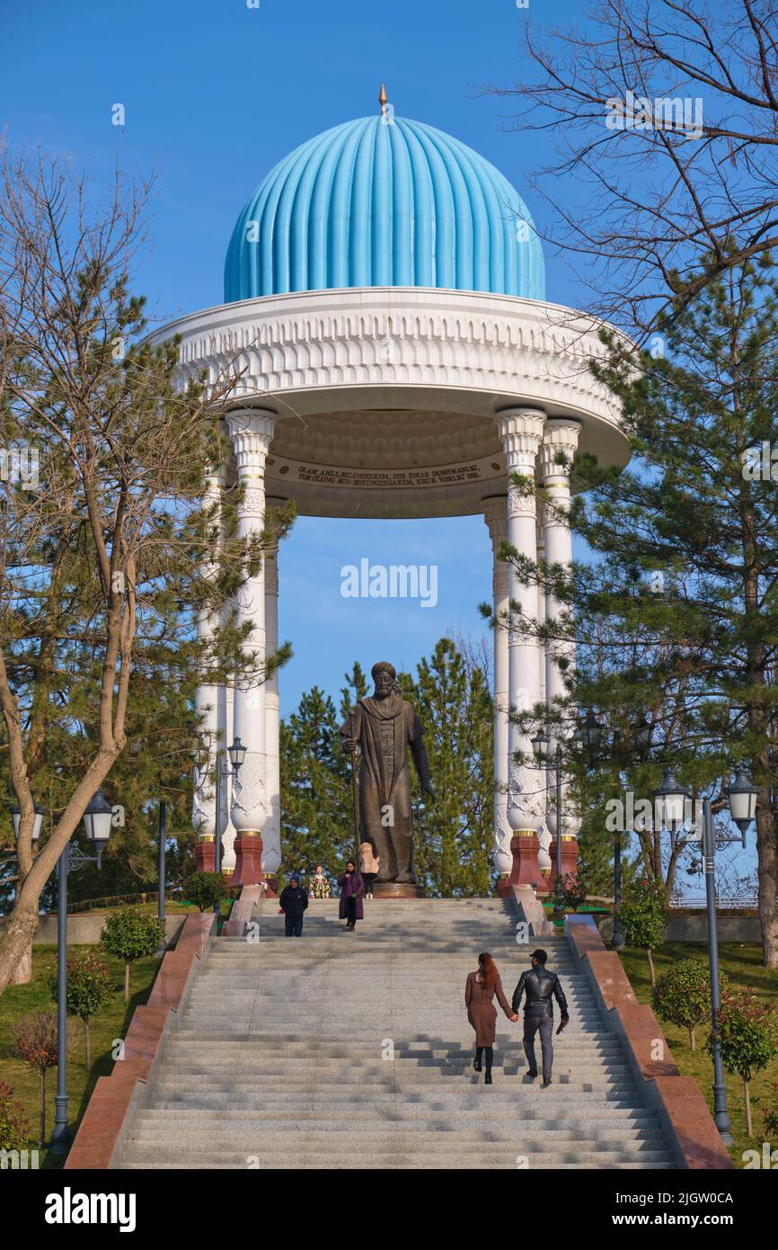 The main blue dome covered pavillion with a bronze statue of a standing ...