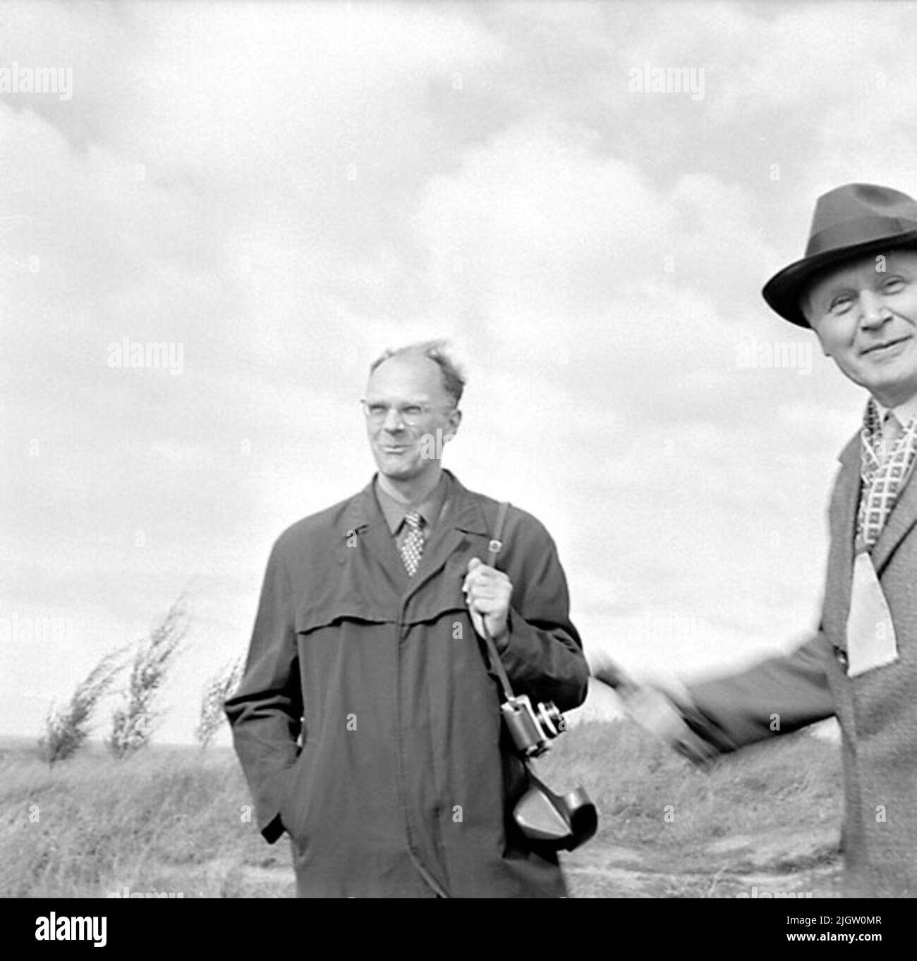 Two men stand and look out over the landscape of a heath. One man ...