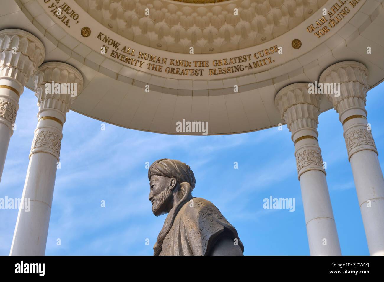The main blue dome covered pavillion with a bronze statue of a standing ...