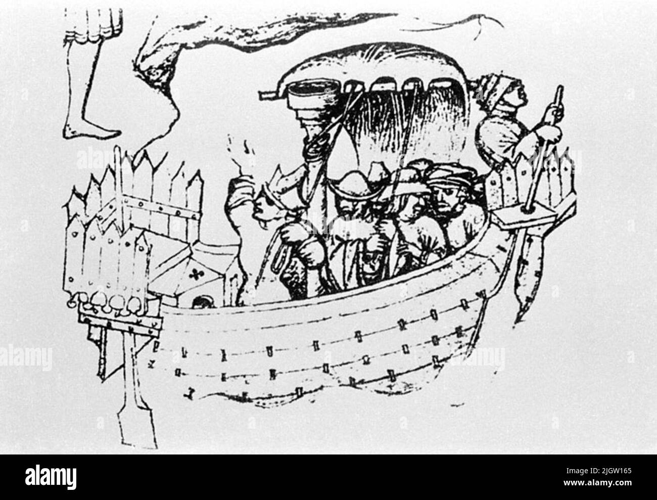 Medieval drawing of a boat with crew. In the stern stands a priest and ...