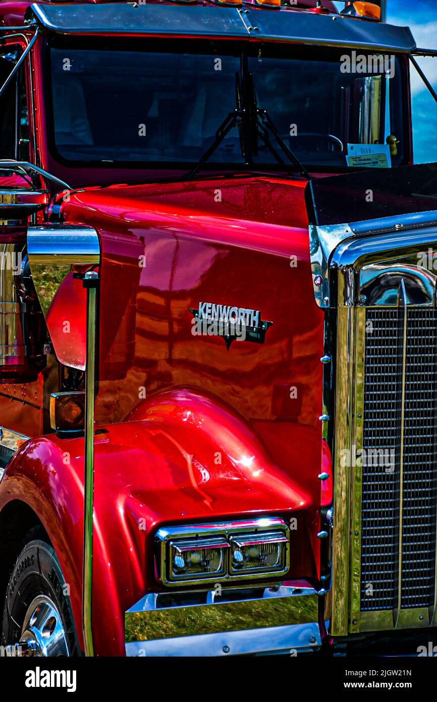 The vertical close-up shot of a red Kenworth W900 classic car Stock ...