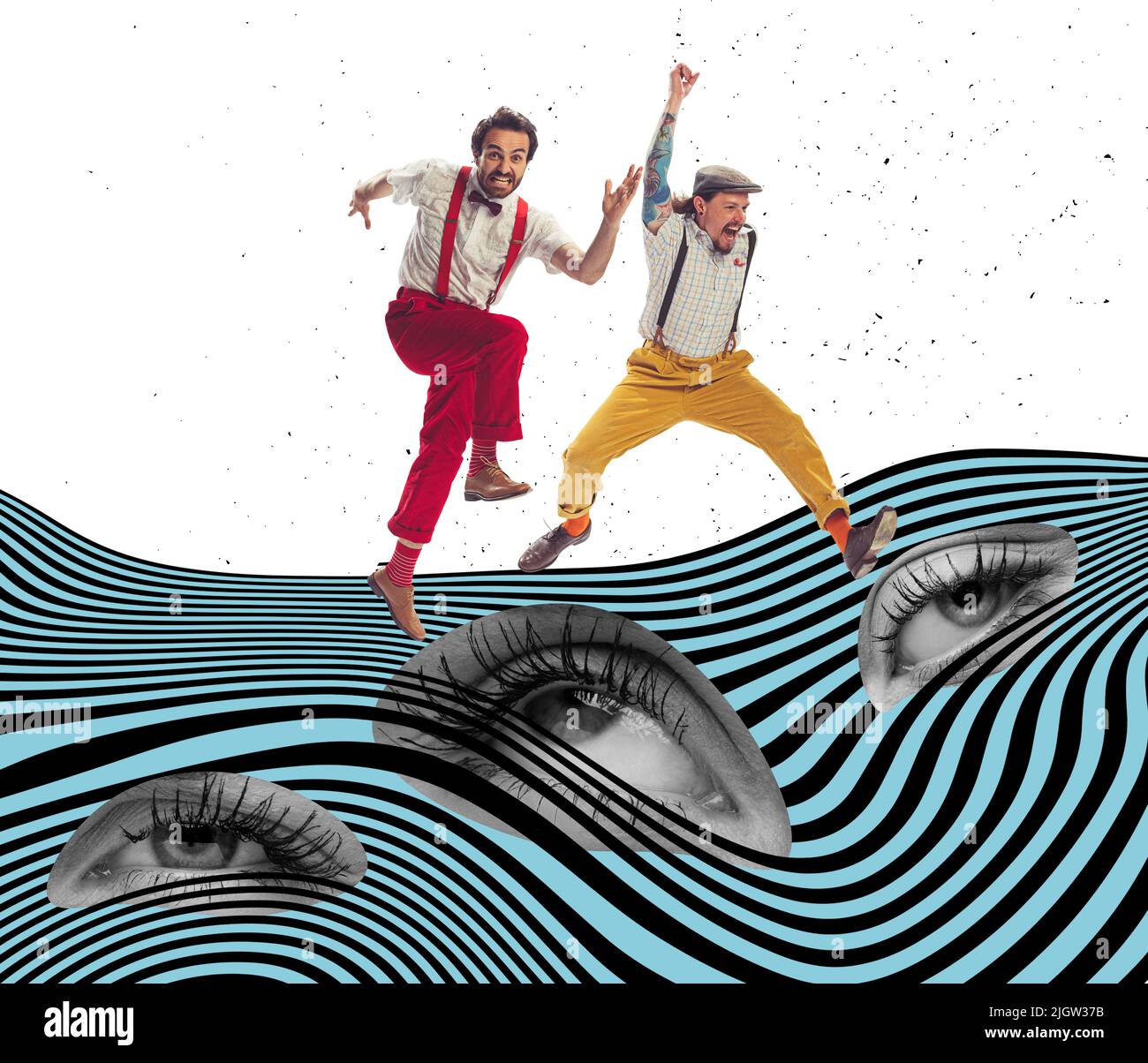 Excited men jumping, running. Contemporary art collage. New ideas and ...