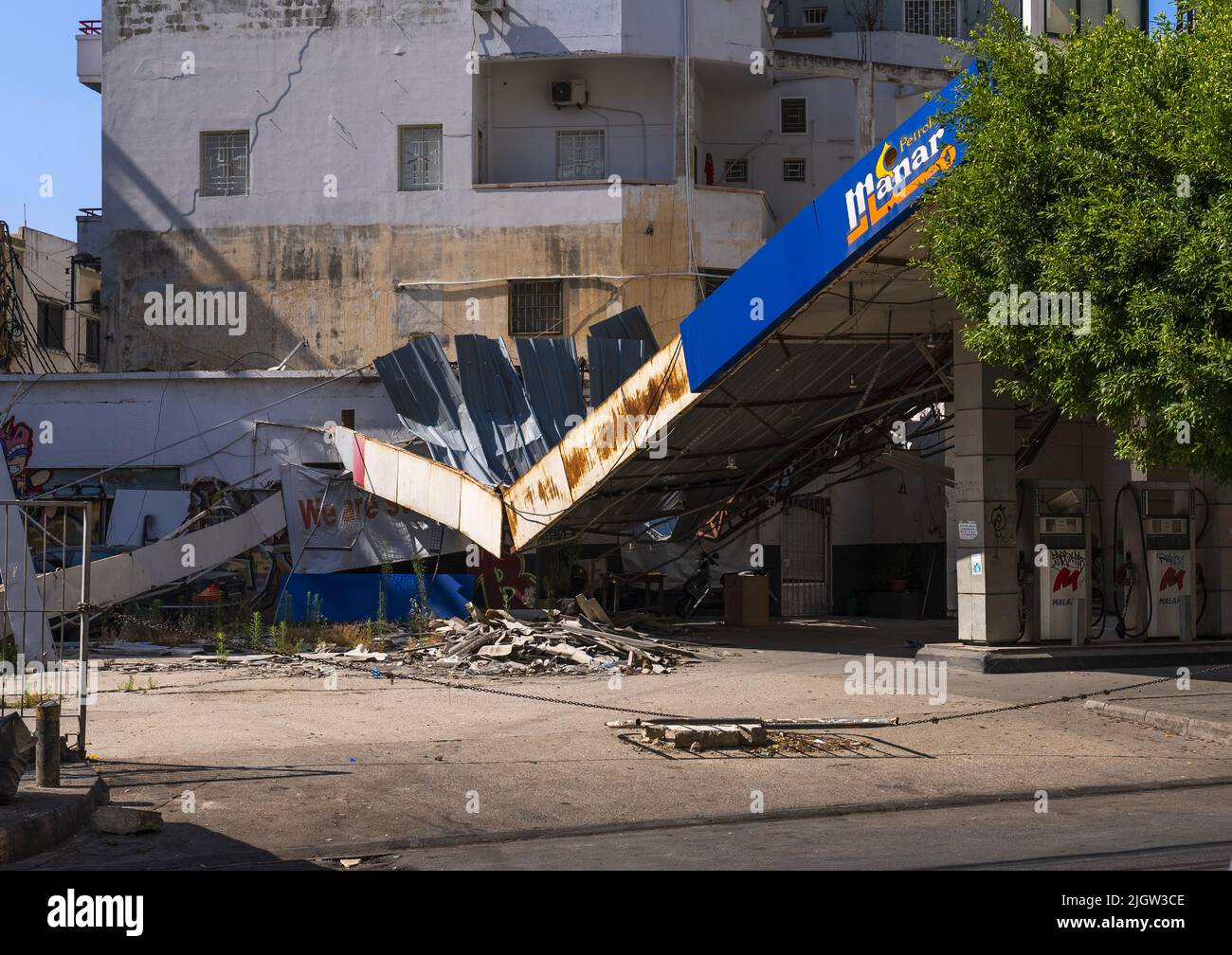 Petrol station destroyed by port explosion, Beirut Governorate, Beirut ...