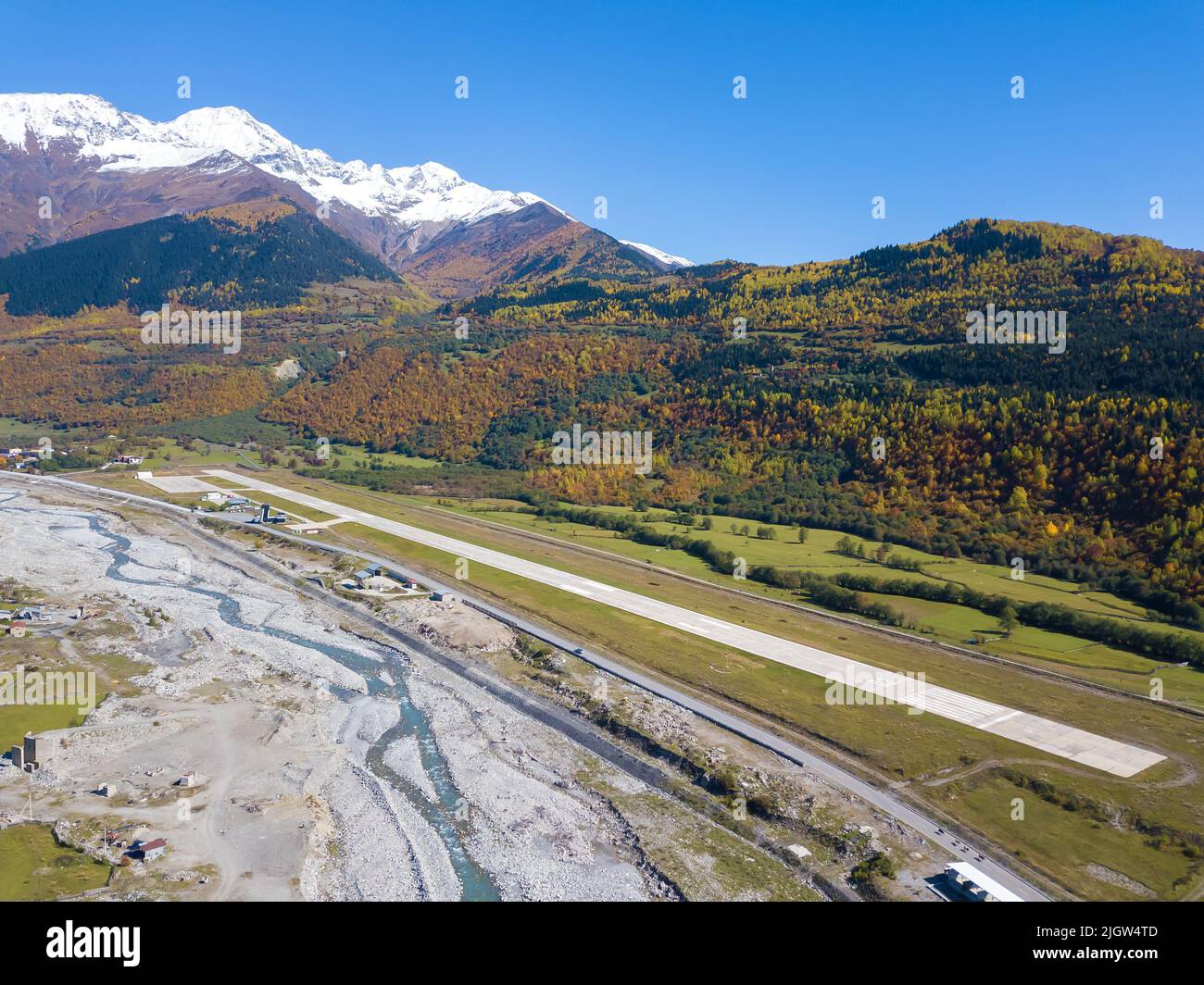 Beautiful drone view of Mestia village on a sunny bright autumn day ...