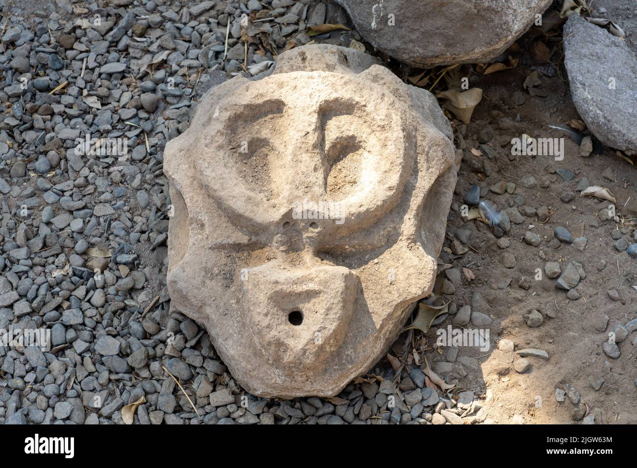 A carved stone face at the San Miguel de Azapa Archeological Museum in ...