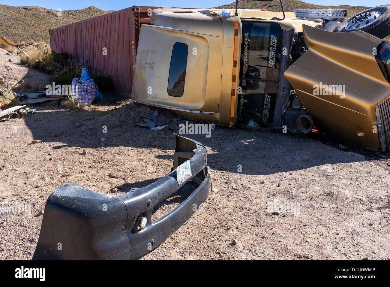 Damaged semi truck after a roll-over accident on mountain highway Route ...