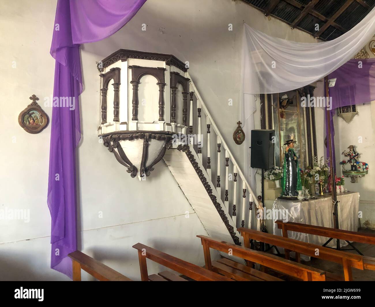 The pulpit of the Church of St. Ildefonso, built in the late 1800's in ...