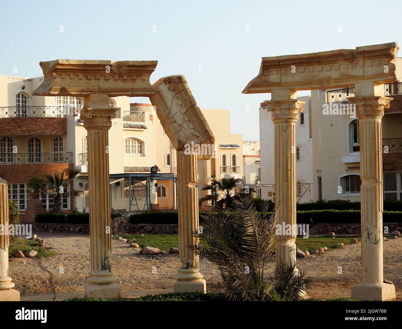 collection of old ancient Greek columns ruins decoration, a landscape ...