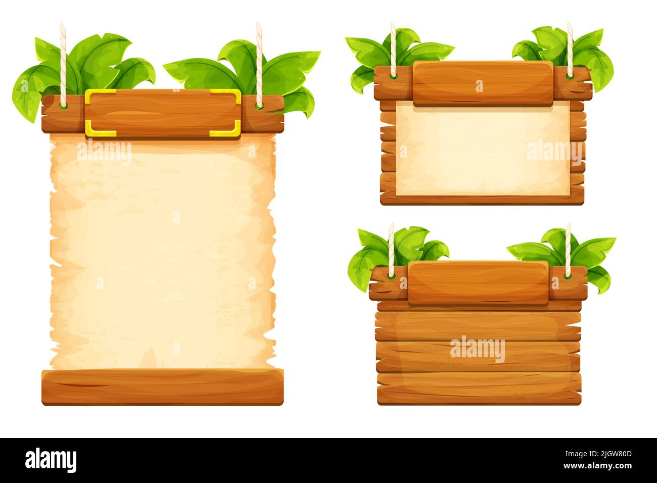 Jungle frame with wooden planks, old paper, rope, decorated plants and ...