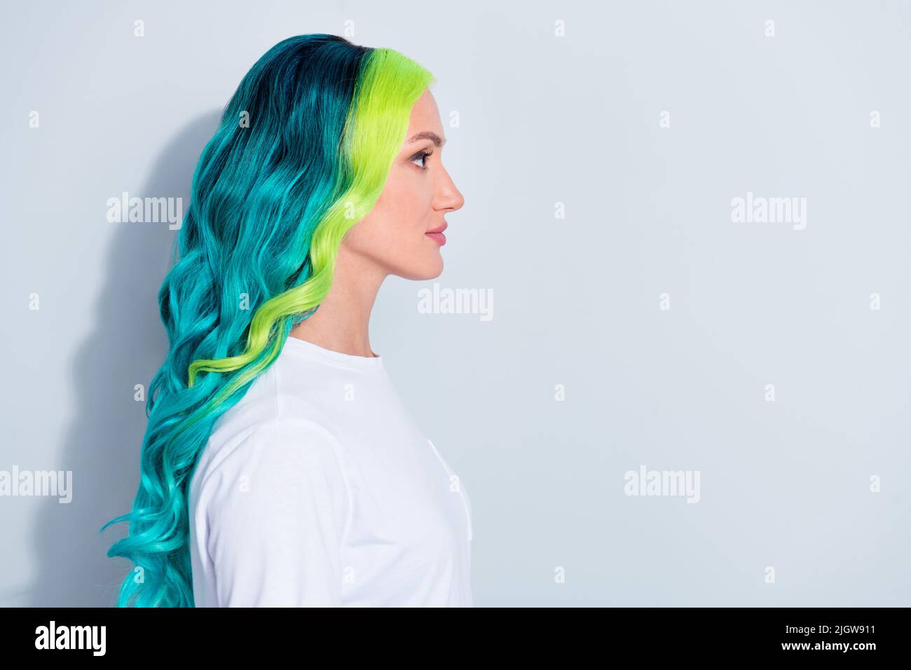 Photo of sweet pretty vivid ombre hair lady wear t-shirt looking empty ...