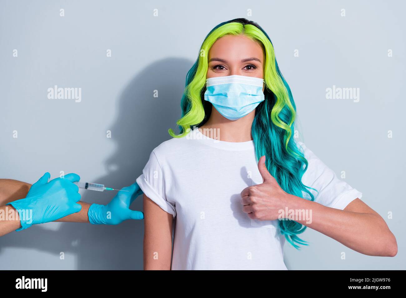 Photo of positive sweet vivid ombre lady wear t-shirt corona virus ...