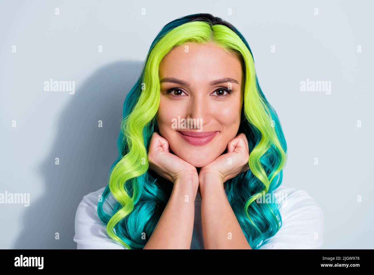 Photo of cute funny vivid ombre hair lady wear t-shirt arms cheeks ...