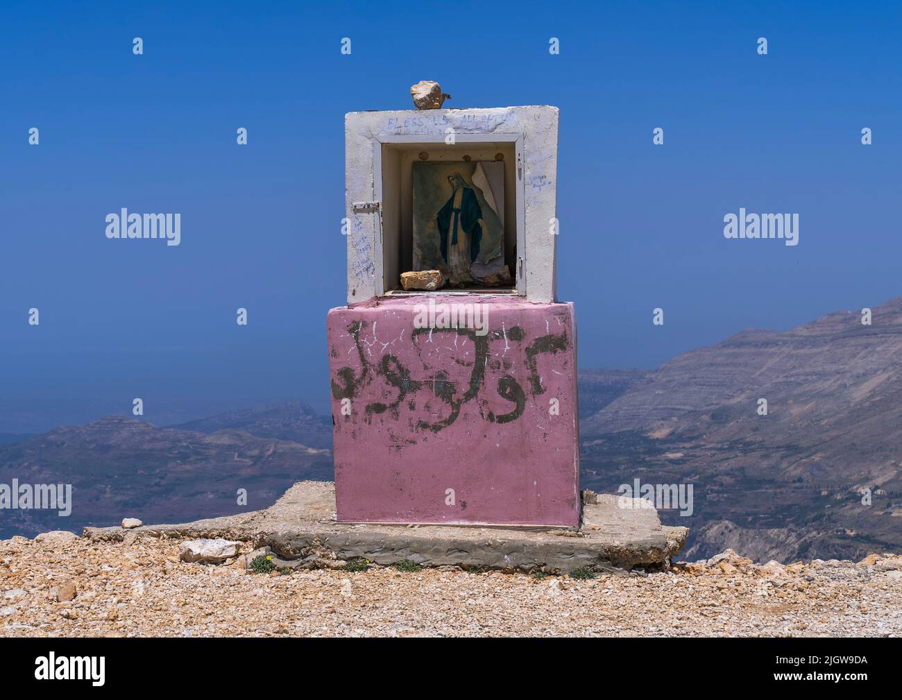Virgin Maria statue along a road in the mountain, North Governorate ...