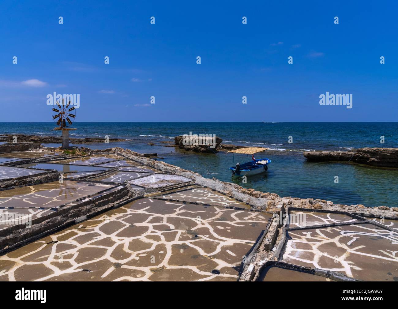 Windmill in a salt production site, North Governorate, Anfeh, Lebanon ...