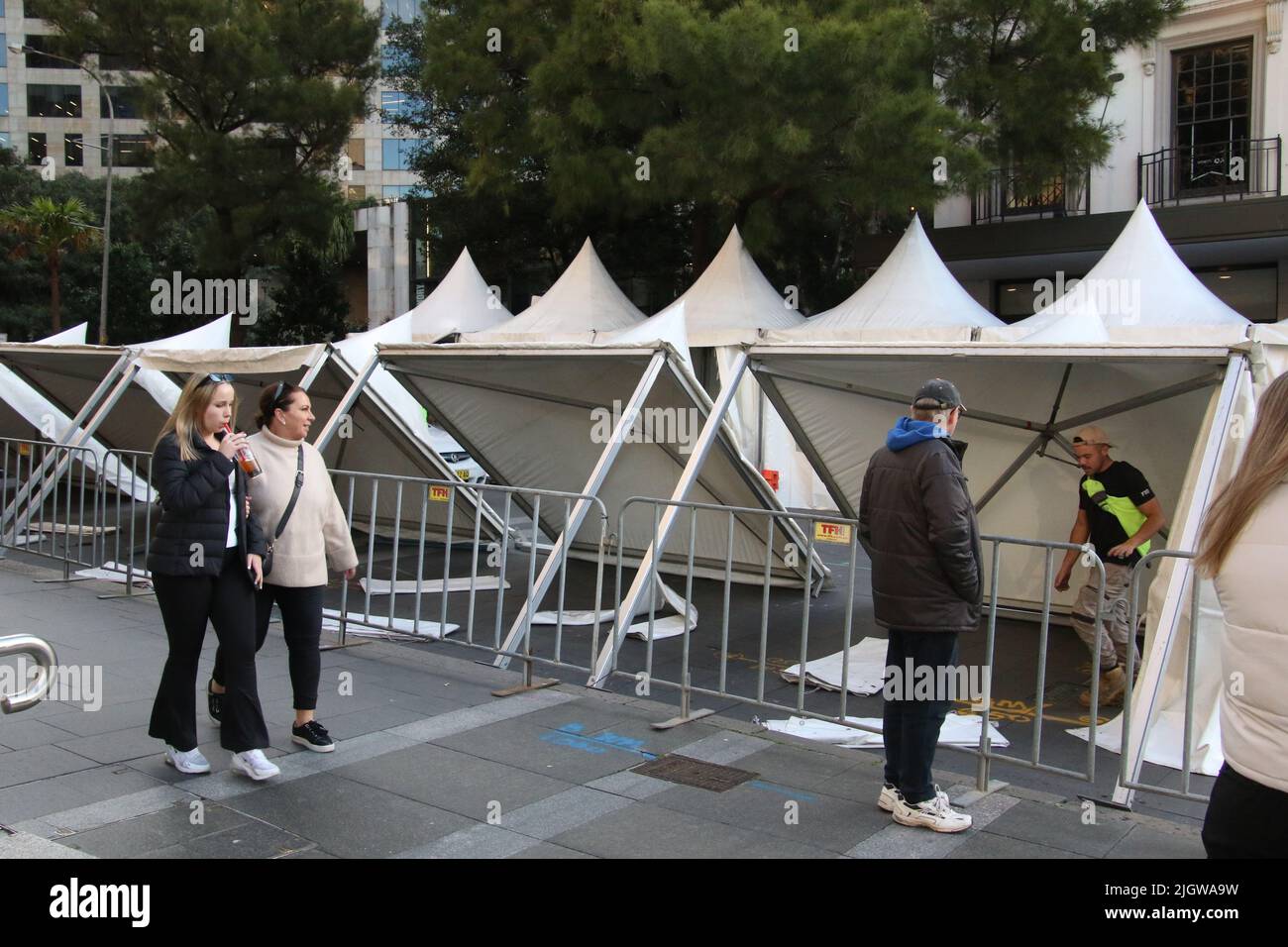 Stalls are set up for the Bastille Festival at Circular Quay, Sydney ...