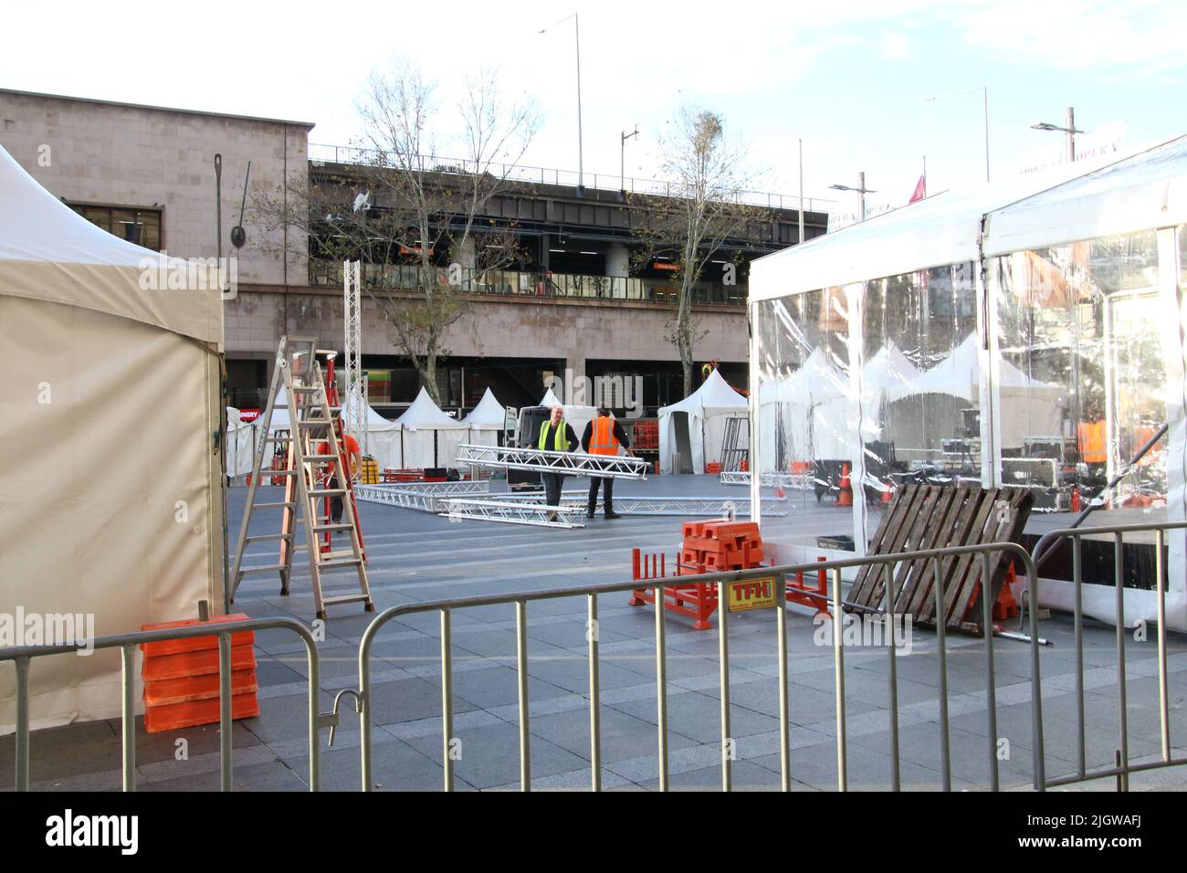 Stalls are set up for the Bastille Festival at Circular Quay, Sydney ...