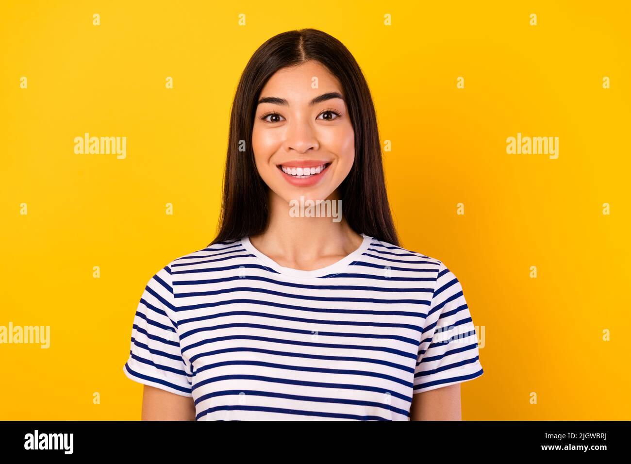 Photo of adorable lovely girl toothy beaming smile wear white blue ...