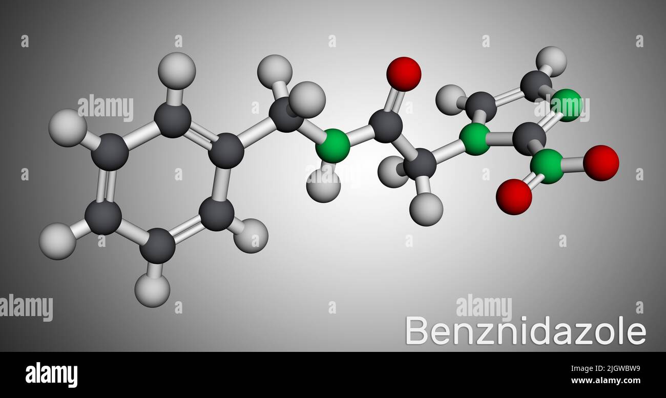 Benznidazole molecule. It is antiparasitic drug used in the treatment of Chagas disease ...