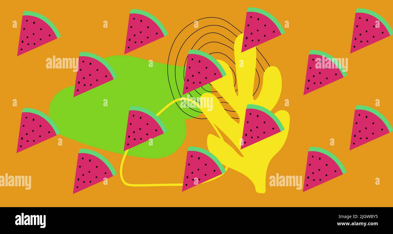 Image of watermelon spinning over shapes on orange background Stock ...