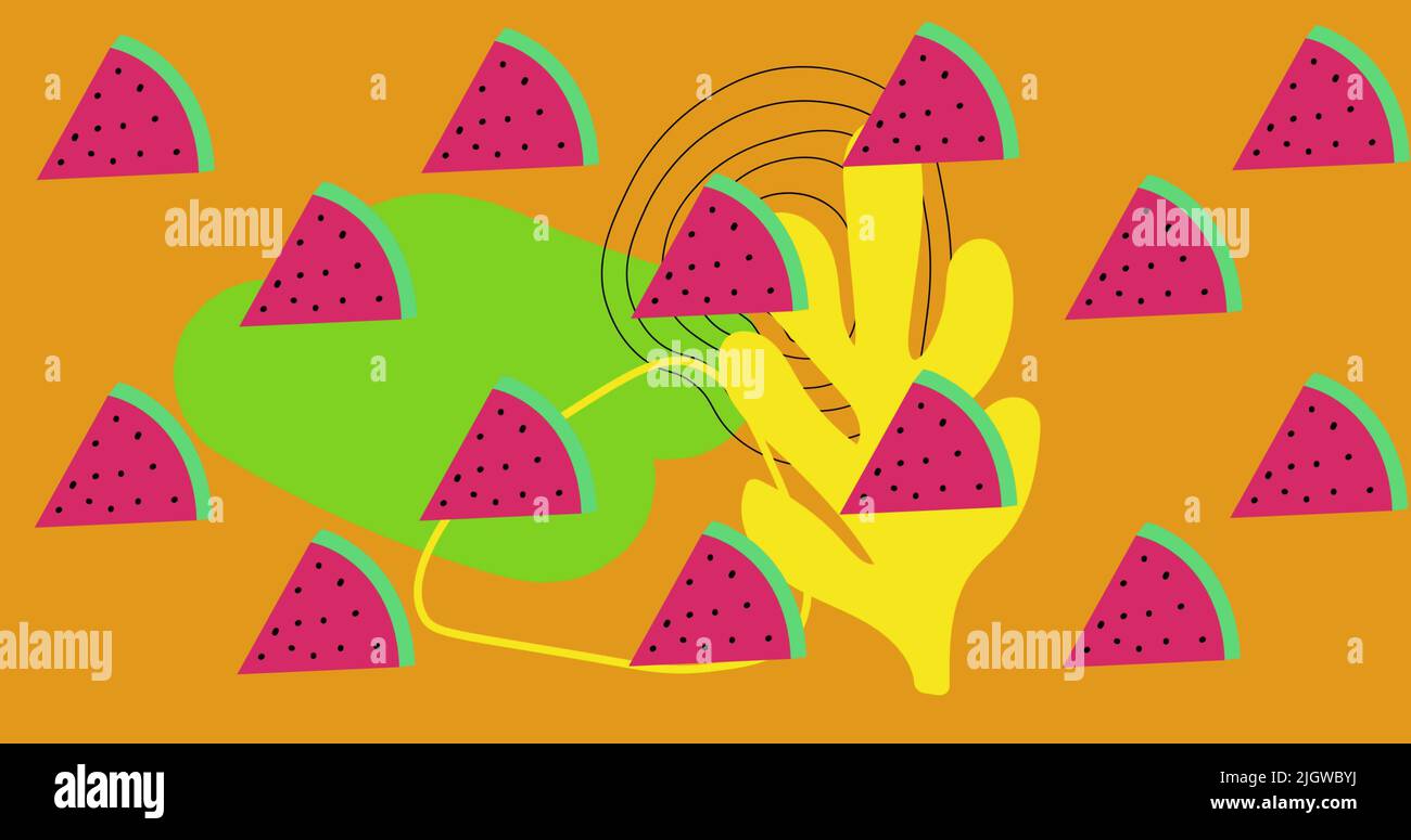 Image of watermelon spinning over shapes on orange background Stock ...