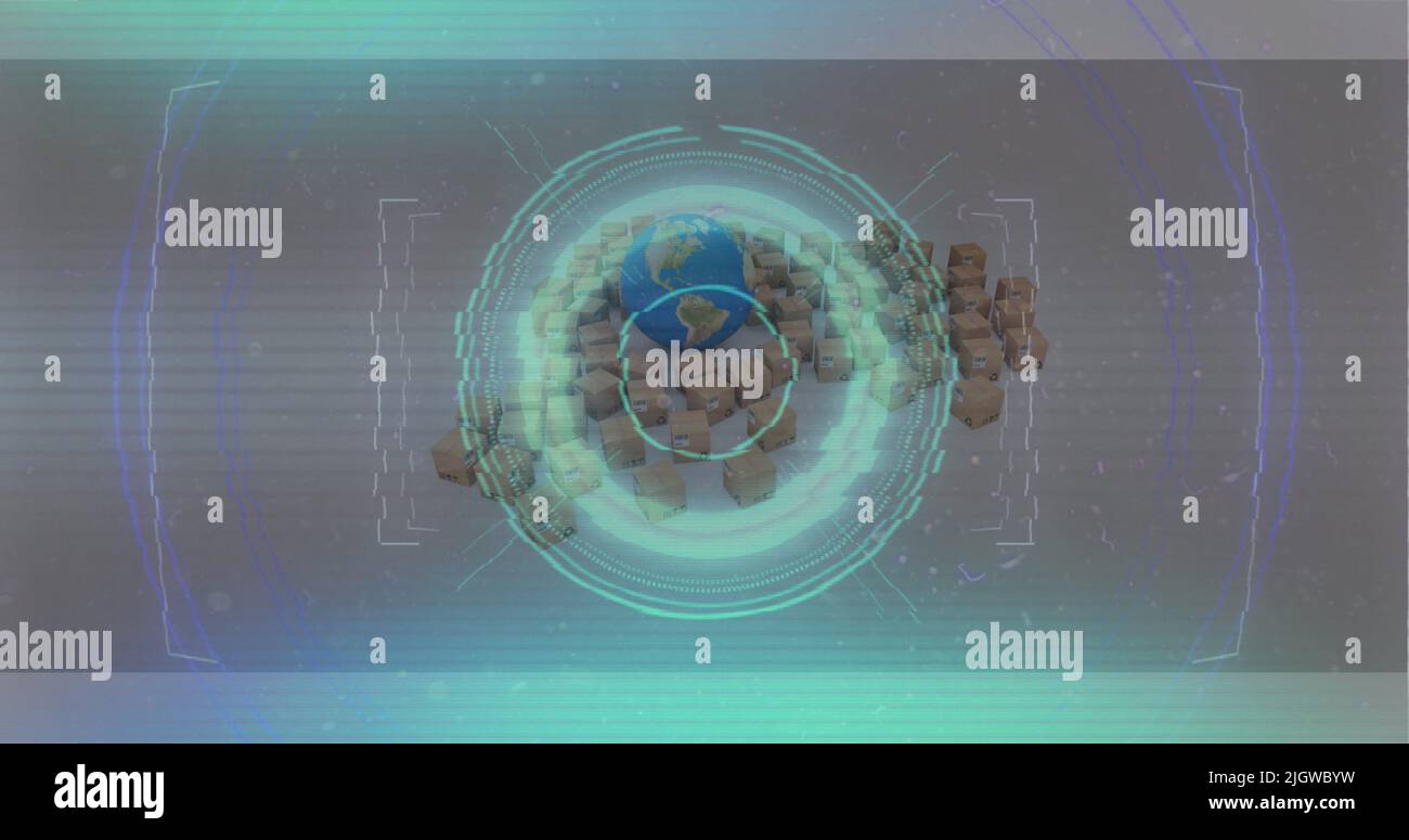 Image of data processing over globe and cardboard boxes Stock Photo - Alamy