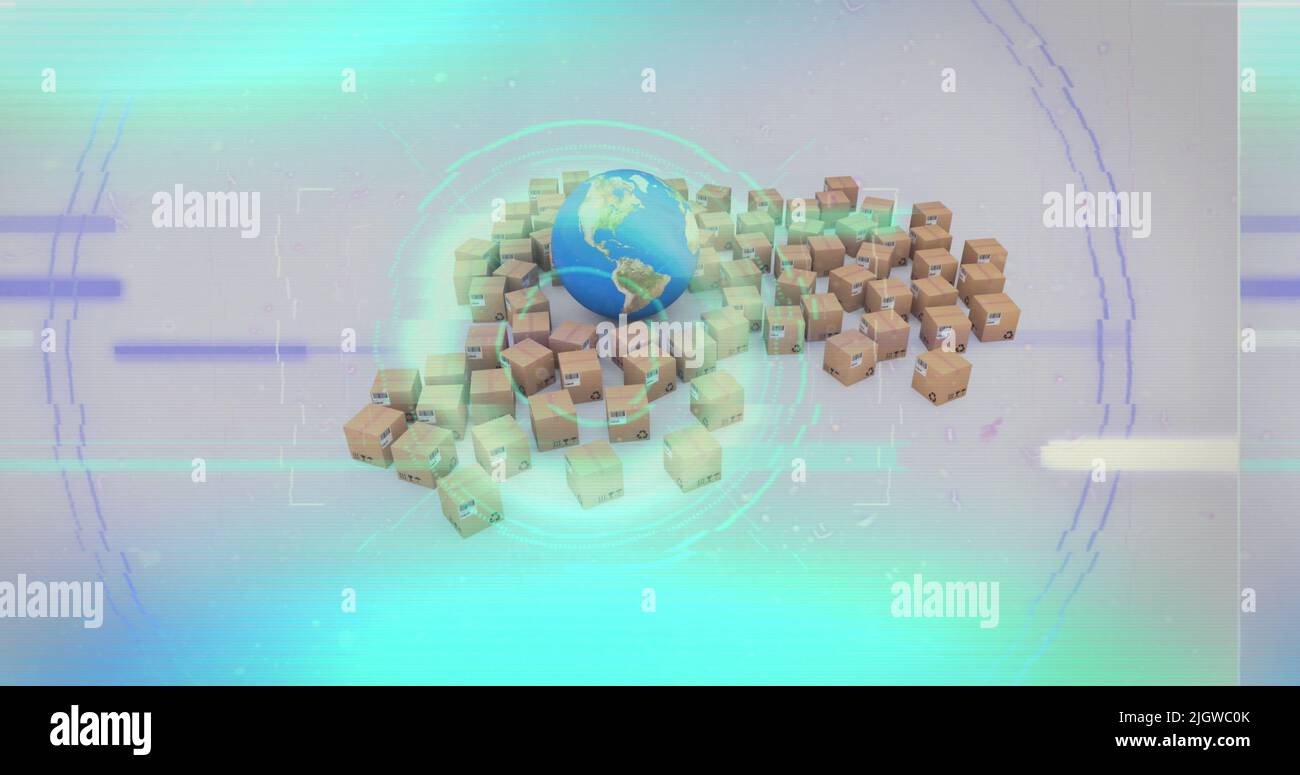 Image of data processing over globe and cardboard boxes Stock Photo - Alamy