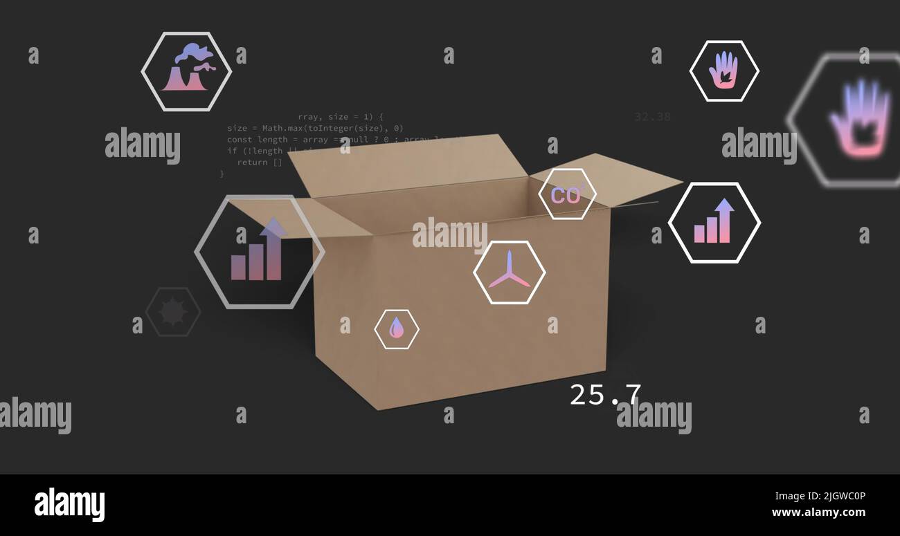 Image of data processing and icons over cardboard box Stock Photo - Alamy