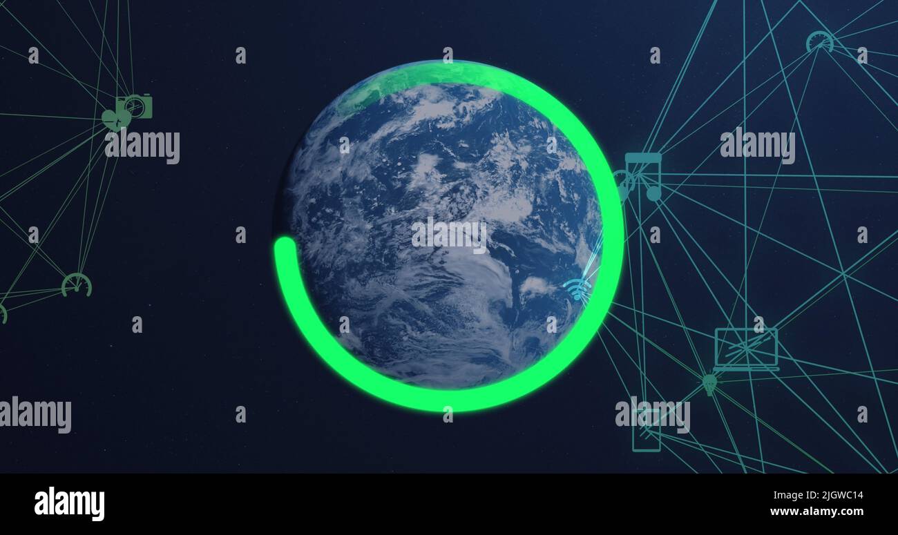 Image of loading circle icon and networks of connections over globe ...