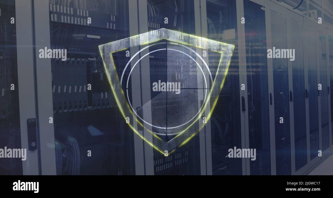 Image of scope scanning with shield and data processing over computer servers Stock Photo - Alamy