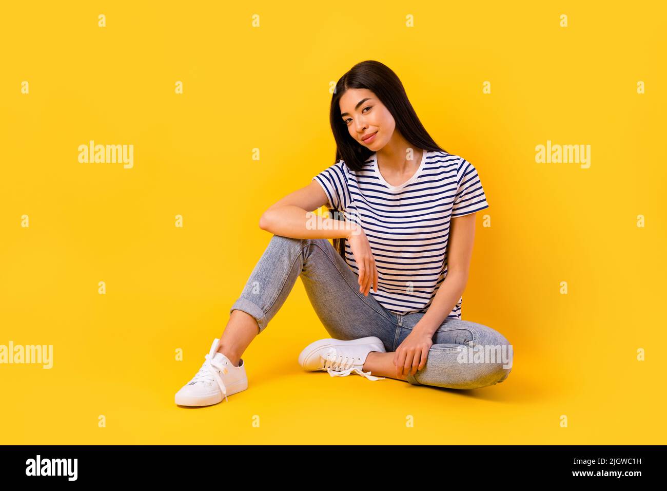 Full size portrait of pretty positive indonesian lady sit floor good ...