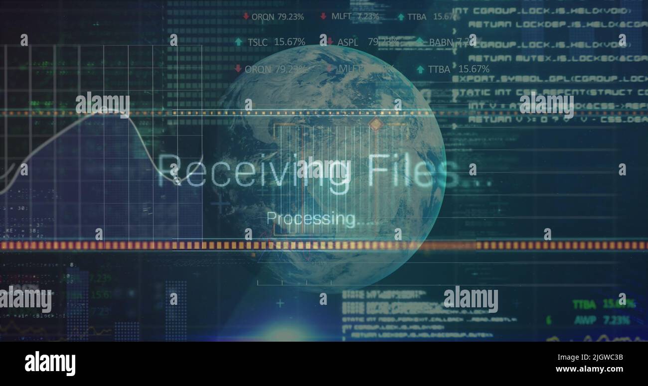 Image of data processing over globe and grid Stock Photo - Alamy